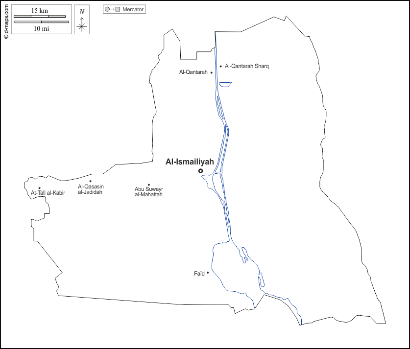 伊斯梅利亚省, d-maps.com: 免费地图, 免费的空白地图, 免费的轮廓地图, 免费基地地图, 大纲, 水文学, 主要城市, 名称, 白