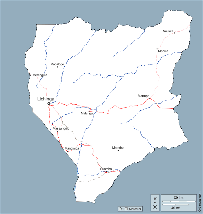 尼亚萨省, d-maps.com: 免费地图, 免费的空白地图, 免费的轮廓地图, 免费基地地图, 大纲, 水文学, 主要城市, 道路, 名称