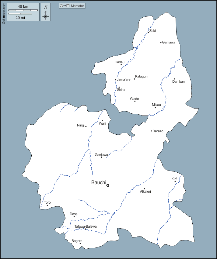 包奇州 免费地图, 免费的空白地图, 免费的轮廓地图, 免费基地地图 大纲, 水文学, 主要城市, 名称