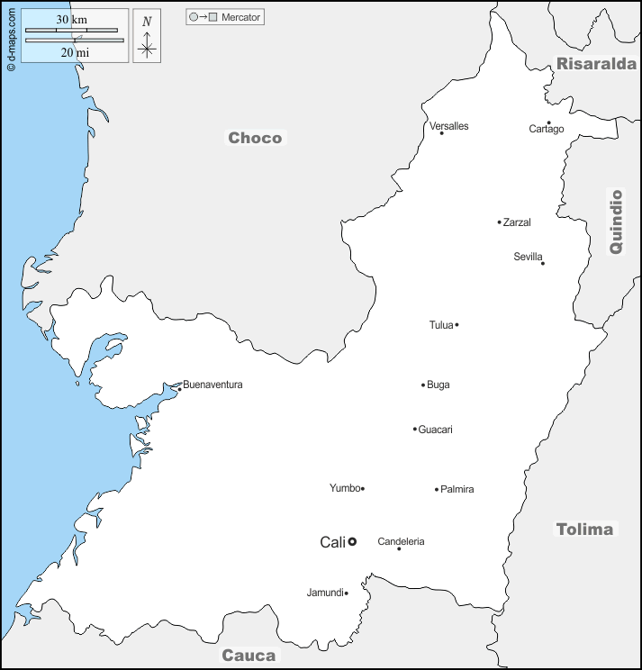 Valle del Cauca Department, d-maps.com: free map, free blank map, free ...