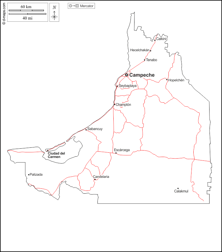 Campeche, d-maps.com: mapa gratuito, mapa mudo gratuito, mapa en blanco ...