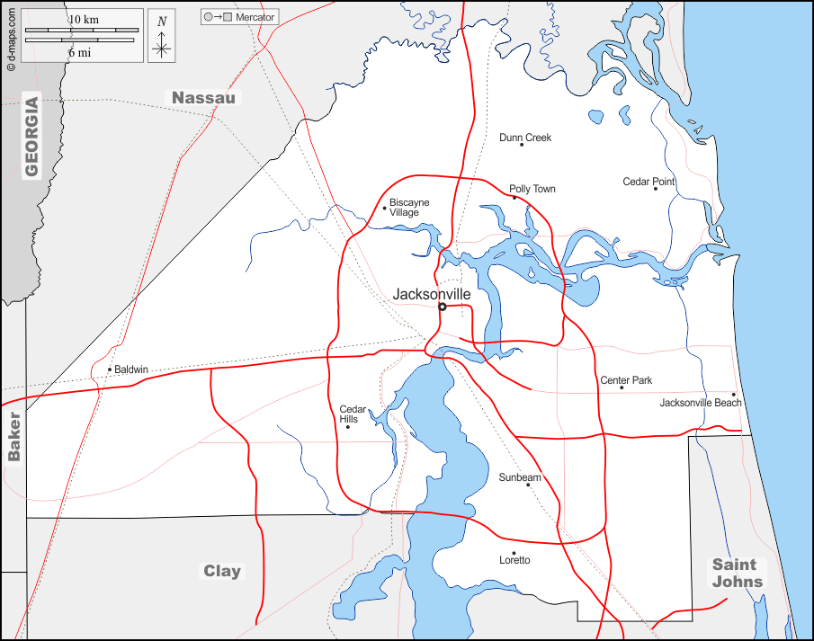 Duval County, d-maps.com: free map, free blank map, free outline map ...