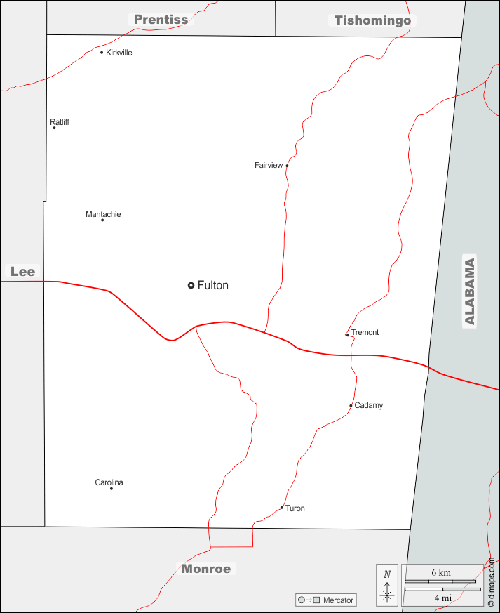 Itawamba County, d-maps.com: free map, free blank map, free outline map ...
