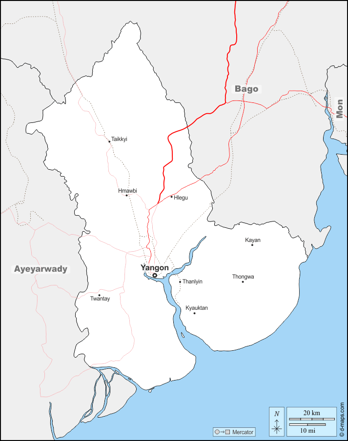 منطقة يانغون خريطة مجانية, خريطة خاليه من الفراغ, خريطة الخطوط العريضة ...