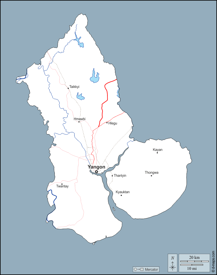 Yangon Region, d-maps.com: free map, free blank map, free outline map ...
