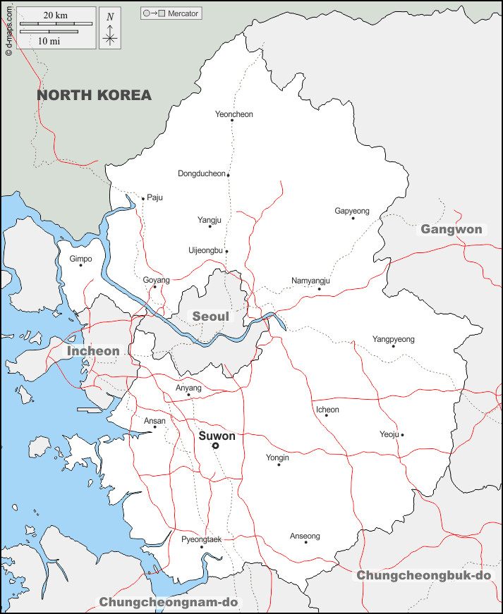京畿道 免费地图, 免费的空白地图, 免费的轮廓地图, 免费基地地图 边界, 主要城市, 道路, 名称